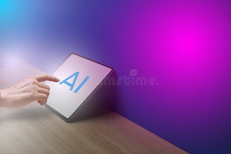 Hand Touching Tablet Displaying AI on Colorful Background Stock Image ...