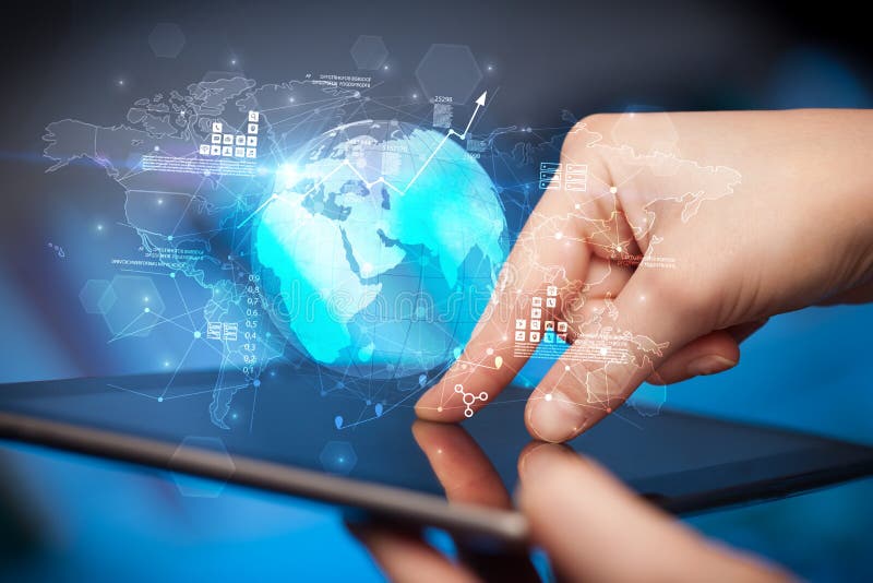 Hand Touching Tablet with Global Estate Report Concept Stock ...
