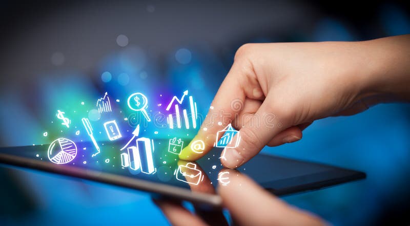 Hand Touching Tablet Pc, Charts Concept Stock Image - Image of gadget ...
