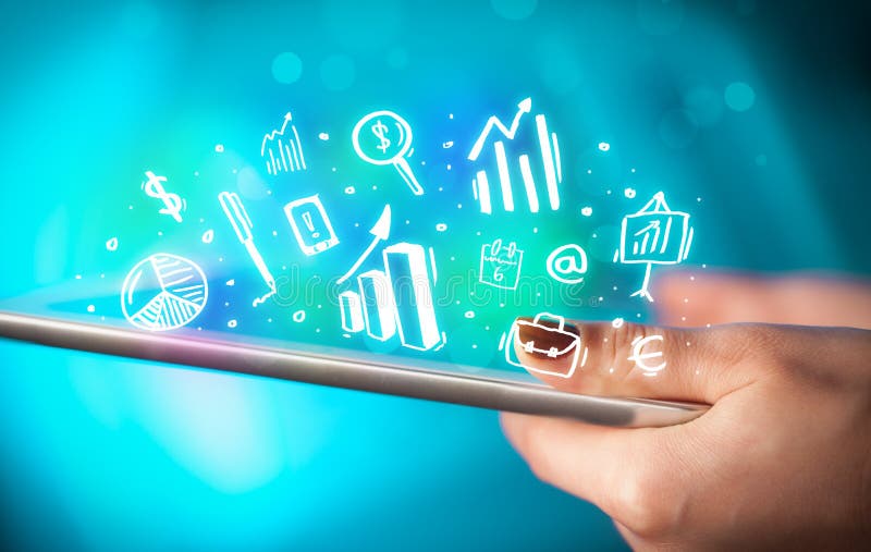 Hand Touching Tablet Pc, Charts Concept Stock Photo - Image of gadget ...