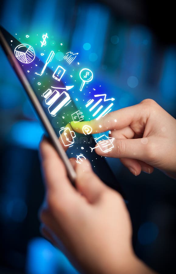 Hand Touching Tablet Pc, Charts Concept Stock Photo - Image of business ...
