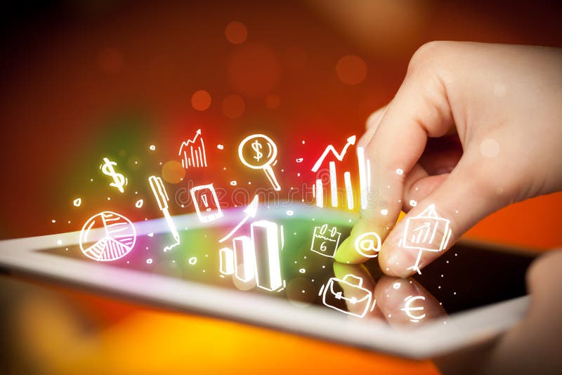 Hand Touching Tablet Pc, Charts Concept Stock Image - Image of gadget ...