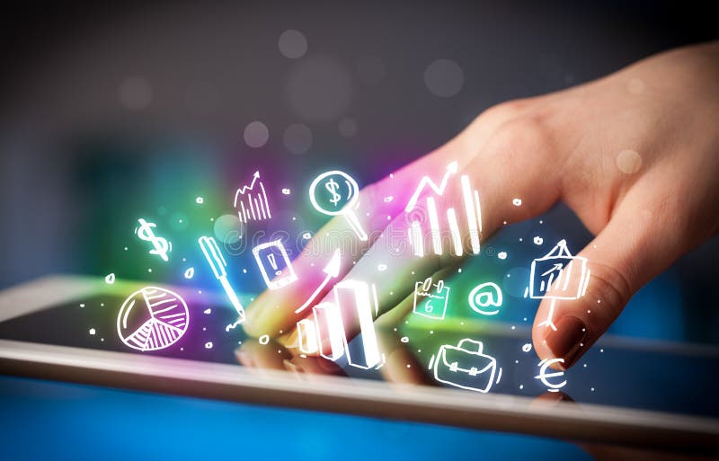 Hand Touching Tablet Pc, Charts Concept Stock Photo - Image of graphic ...