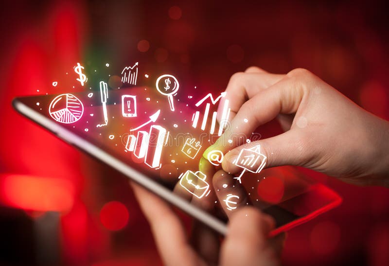 Hand Touching Tablet Pc, Charts Concept Stock Image - Image of ...