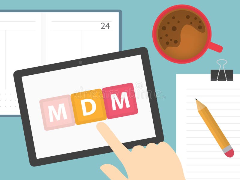 Hand Touching Tablet Screen with MDM Mobile Device Management Button ...