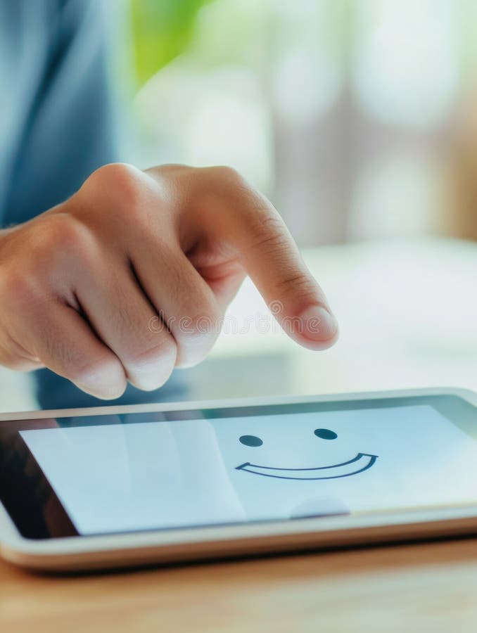 Hand Touching Tablet with Smiley Face Stock Illustration - Illustration ...