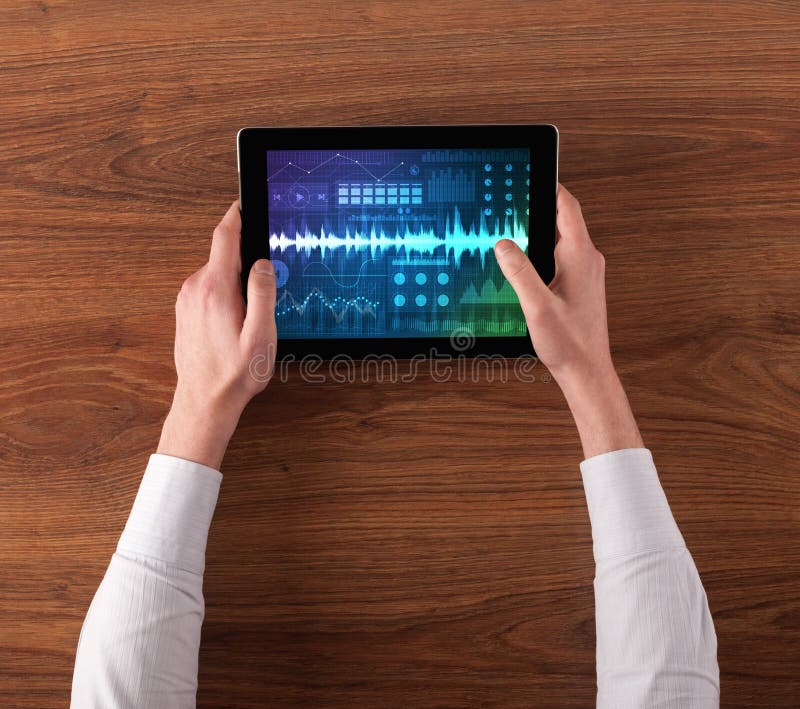 Hand Holding Tablet with Sound Design Concept Stock Photo - Image of ...