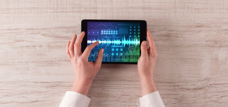 Hand Holding Tablet with Sound Design Concept Stock Photo - Image of ...