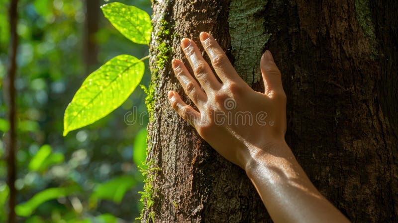 Hand Touching Tree Bark in Lush Green Forest Ecosystem Stock ...