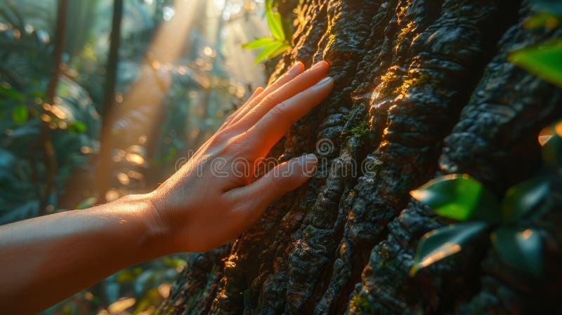 Hand Touching a Tree Trunk in a Forest Stock Photo - Image of tree ...
