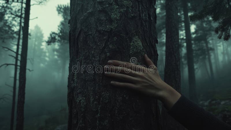 Hand Touching Tree Trunk in Misty Forest, Serene Nature Exploration ...