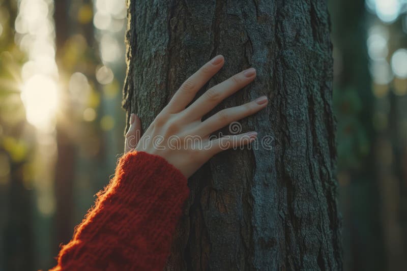 Hand Touching a Tree Trunk in a Peaceful Forest Stock Photo - Image of ...