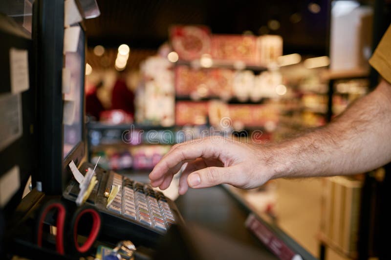 Hand Touching Vending Machine Screen in a Convenience Store Stock Image ...