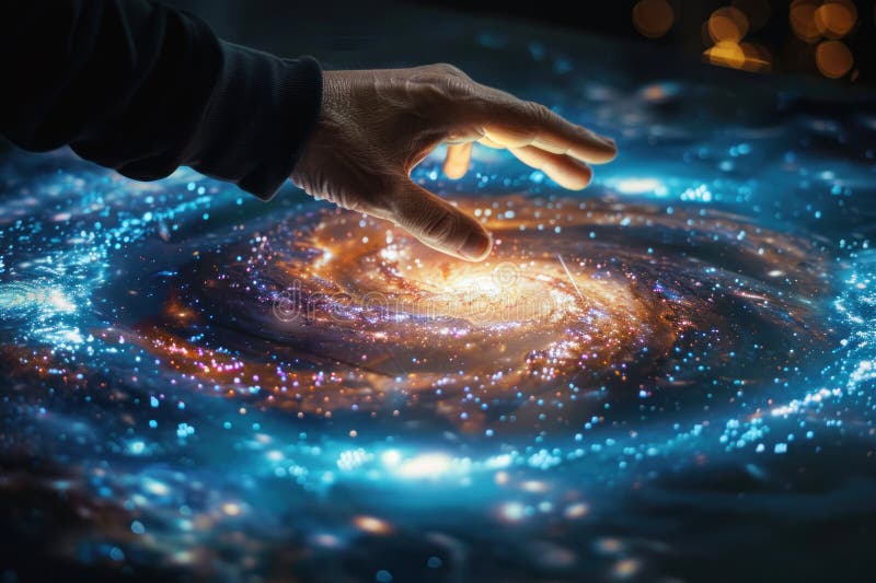A Hand Touching a Vibrant Holographic Galaxy Display with Sparkling ...