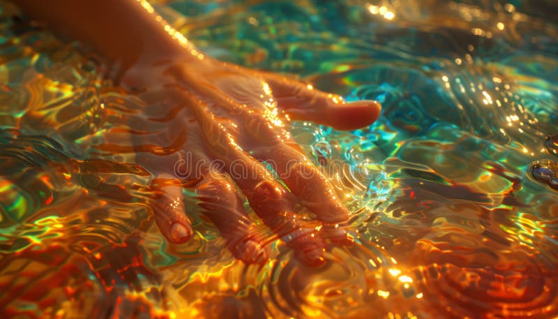 Hand Touching Vibrant Water Surface with Colorful Reflections and ...