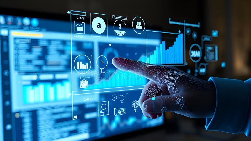 Hand Touching Virtual Display Screen with Graphs and World Map Stock ...