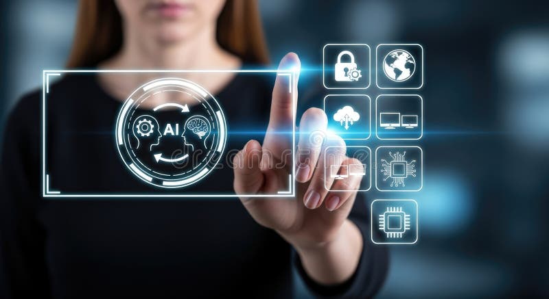 Hand Touching Virtual Display Showing Artificial Intelligence Concept ...