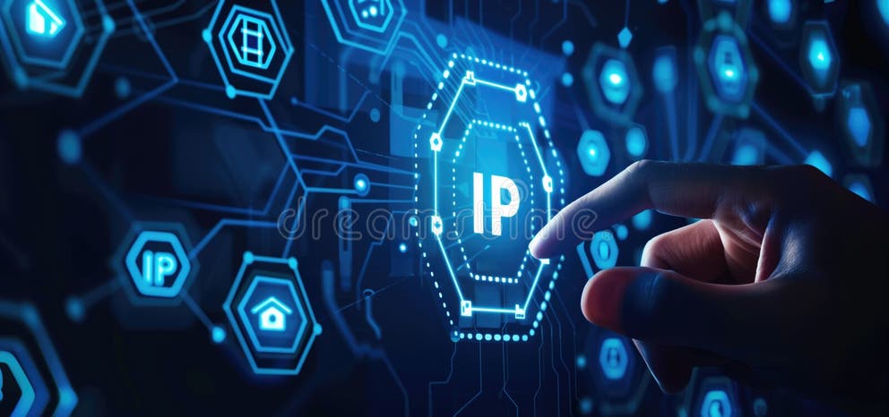 Hand Touching Virtual Interface Displaying "IP" with Glowing Blue ...