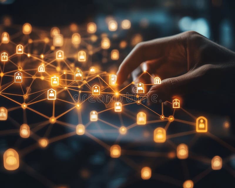 Hand Touching Virtual Network with Security Icons, Symbolizing ...