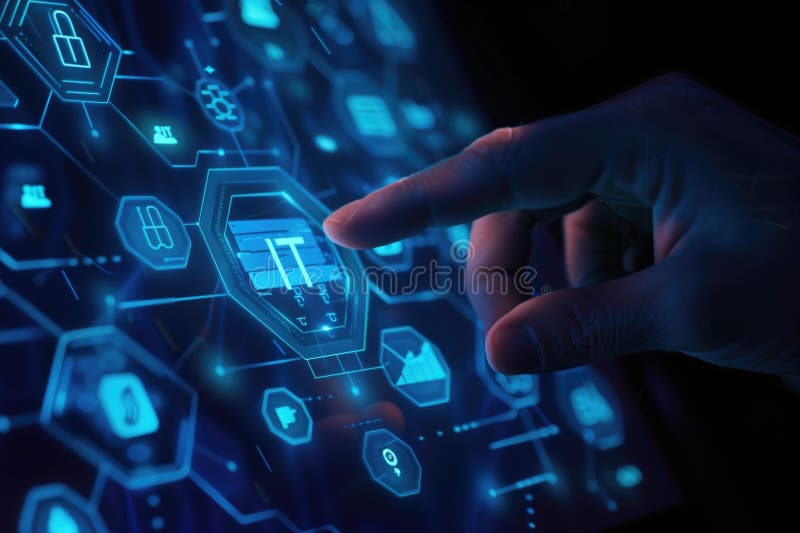 Hand Touching Virtual Screen with it Business Technology Concept on ...