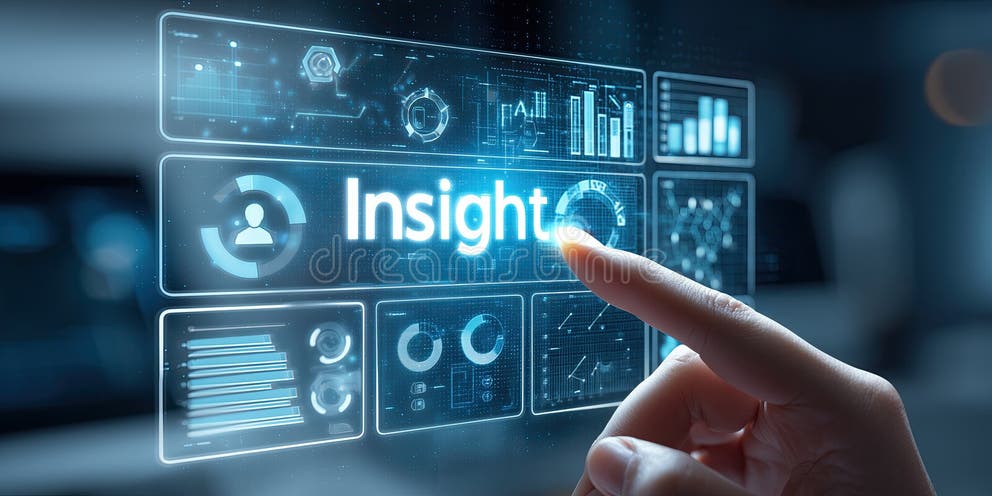 Hand Touching Virtual Screen Displaying Insight with Data Icons and Futuristic Design Stock ...