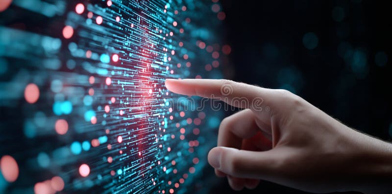 Hand Touching Virtual Screen with Glowing Data Streams Showcasing ...