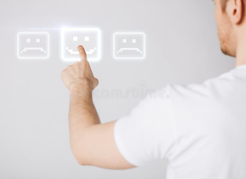 Hand Touching Virtual Screen with Smile Button Stock Photo - Image of ...
