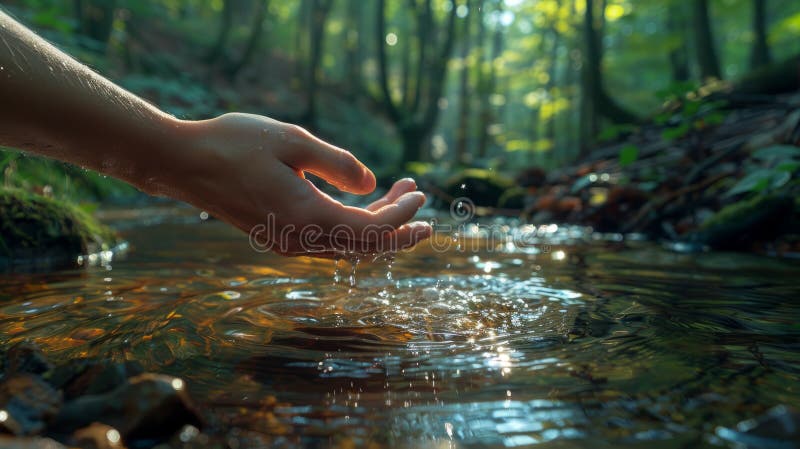 Hand Touching Water in a Forest Stream. Stock Photo - Image of purity ...