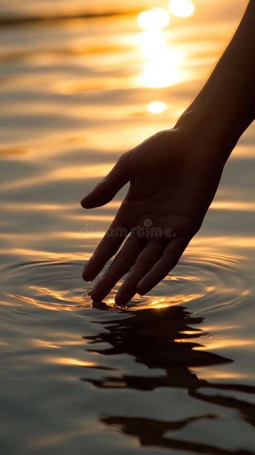 Hand Touching Water at Sunset, Creating Ripples Stock Image - Image of ...