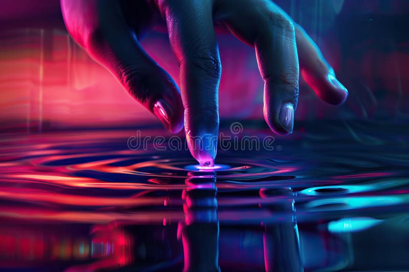 Hand Touching Water Surface with Neon Lights, Ripples, Creating Vibrant ...