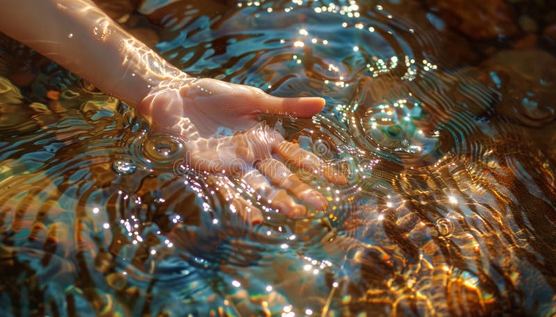 Hand Touching Water Surface with Reflections of Sunlight Radiating ...