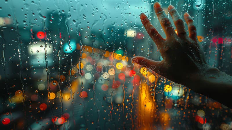 Hand Touching a Wet Window with City Lights. Stock Photo - Image of ...