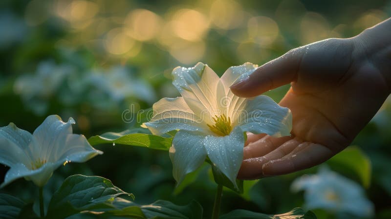 Hand Touching a White Flower at Dawn Stock Image - Image of flower ...