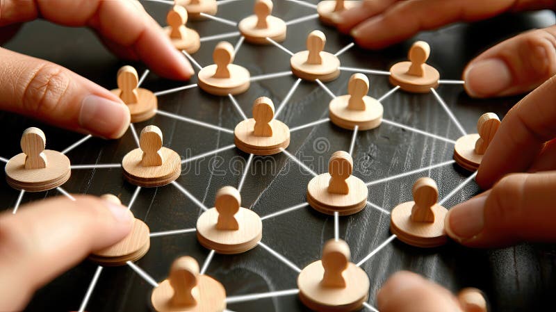 Hand Touching Wooden Figurines Connected by Lines on a Dark Surface ...