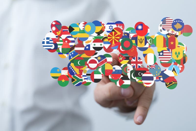 Hand Touching a World Map with All States and Their Flags, 3d Render ...