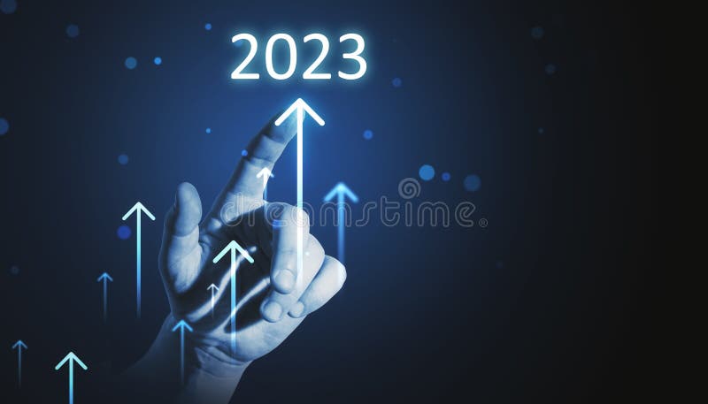 Hand Touching Year 2023 Hologram Over Background. Business Concept ...