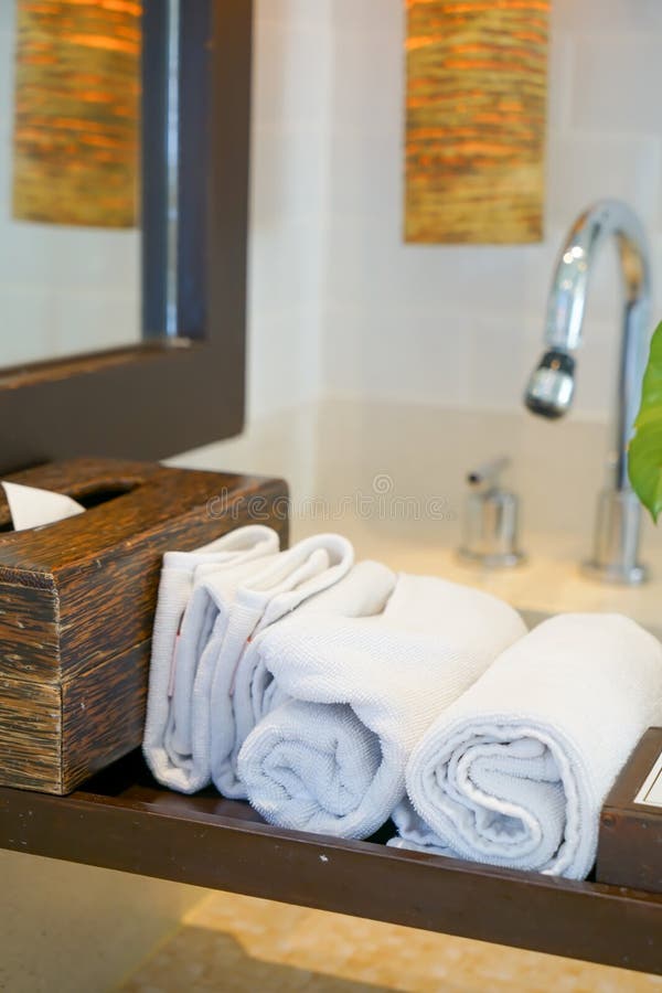 Hand towel at the basin stock image. Image of interior - 260559403