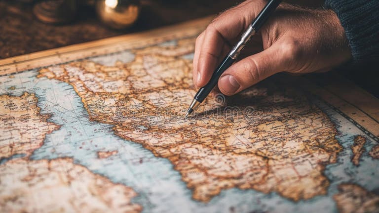 Hand Tracing a Route on an Antique Map Stock Illustration ...