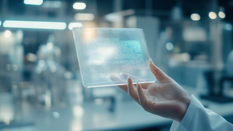 Hand with Translucent Screen Featuring Data and Abstract Digital ...