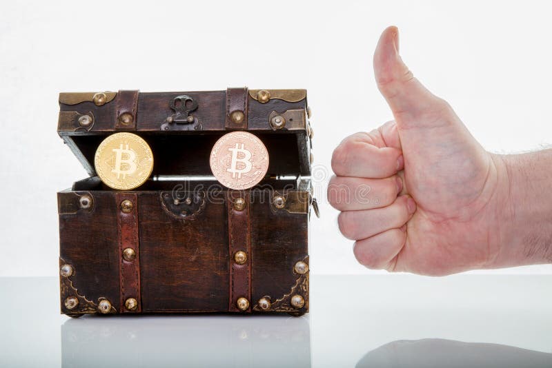 Hand with Treasure Chest and Bitcoin Stock Image - Image of male ...