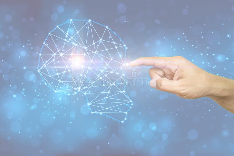 Hand Tuch Smart Brain and Network Connection on Glitter Bright Lights ...