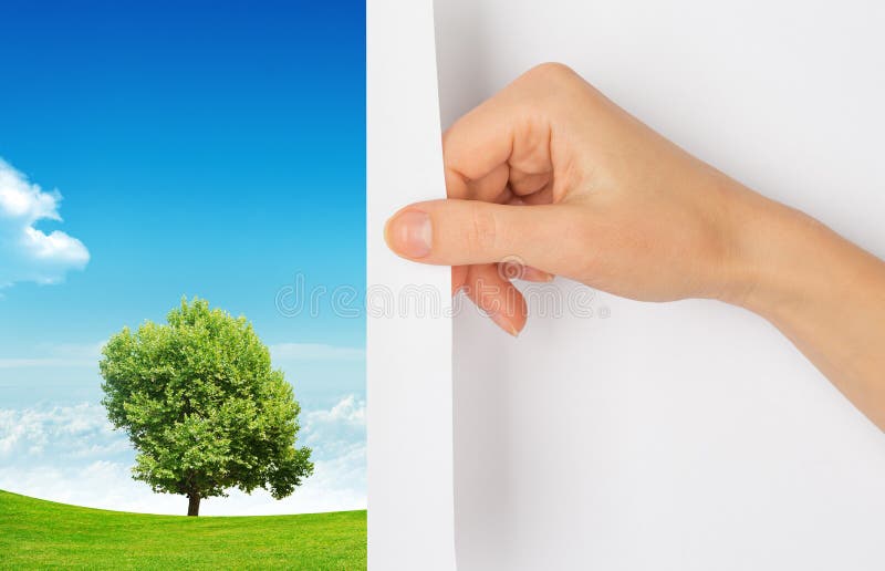 Woman Hand Turning Gray Cityscape Page Revealing Sky Grass Stock Photo ...