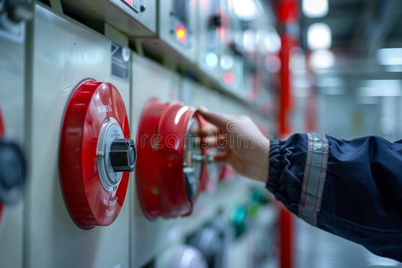 A Hand Turns a Red Industrial Dial on a Control Panel in a Facility ...