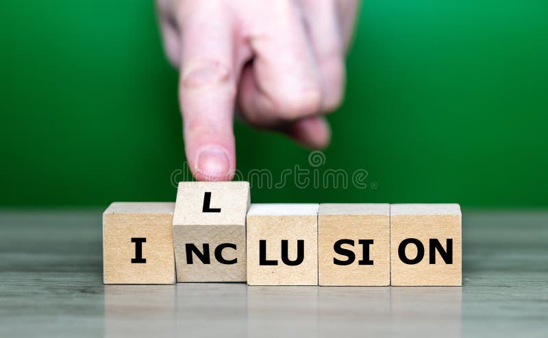 Hand Turns Wooden Cube and Changes the Word Inclusion To Illusion ...
