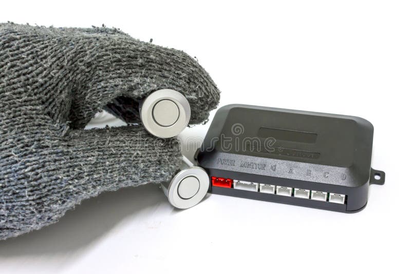 Hand with Two Sensor and Parking System Unit on White Background, Car ...