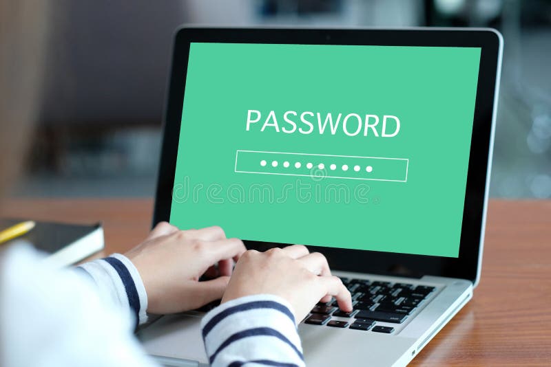 Hand Tying Laptop Computer with Password Login on Screen, Cyber Stock ...