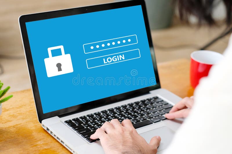 Hand Tying Laptop Computer with Password Login on Screen, Cyber Stock ...