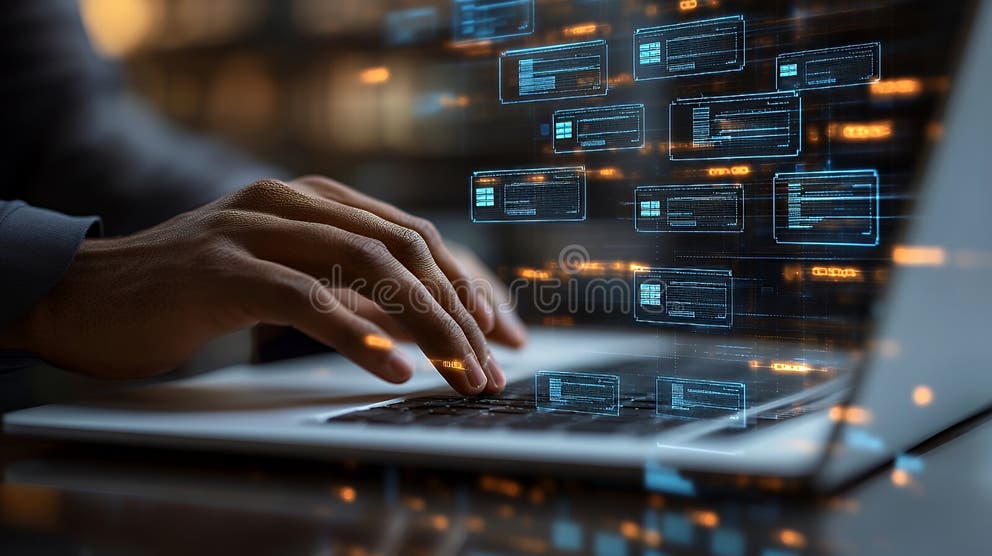 Typing on Laptop with Digital Interface Showing Data and Information ...