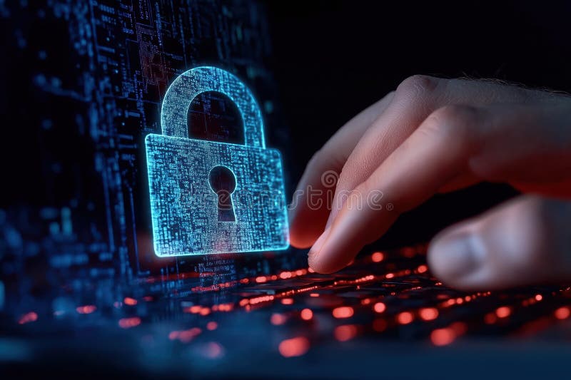 Hand Types on Laptop Keyboard. Holographic Padlock Displays on Screen ...