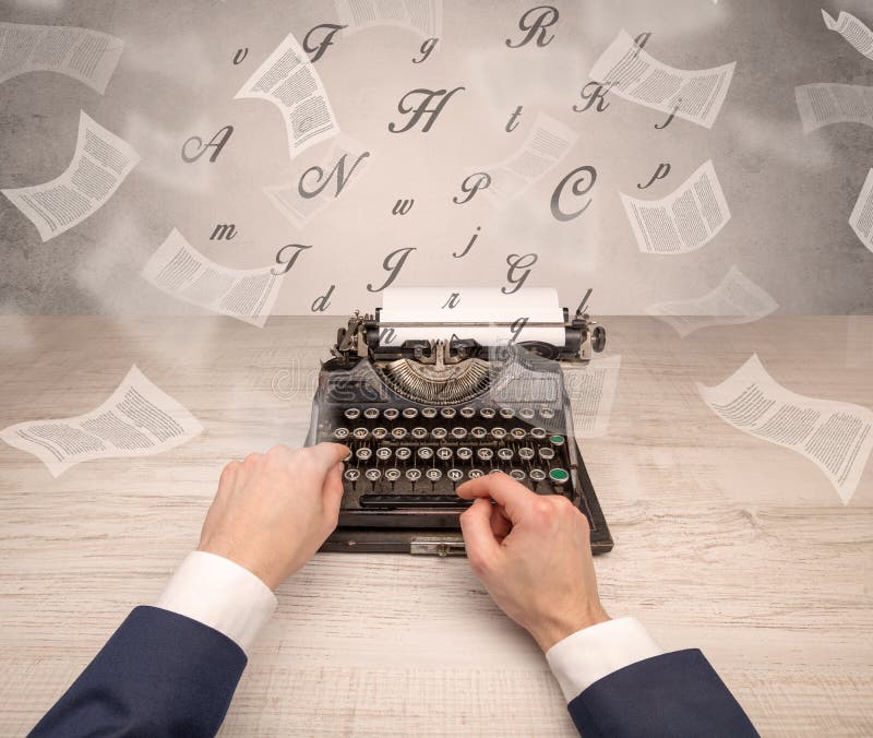 Hand Typewriting with Flying Documents Around Stock Image - Image of ...